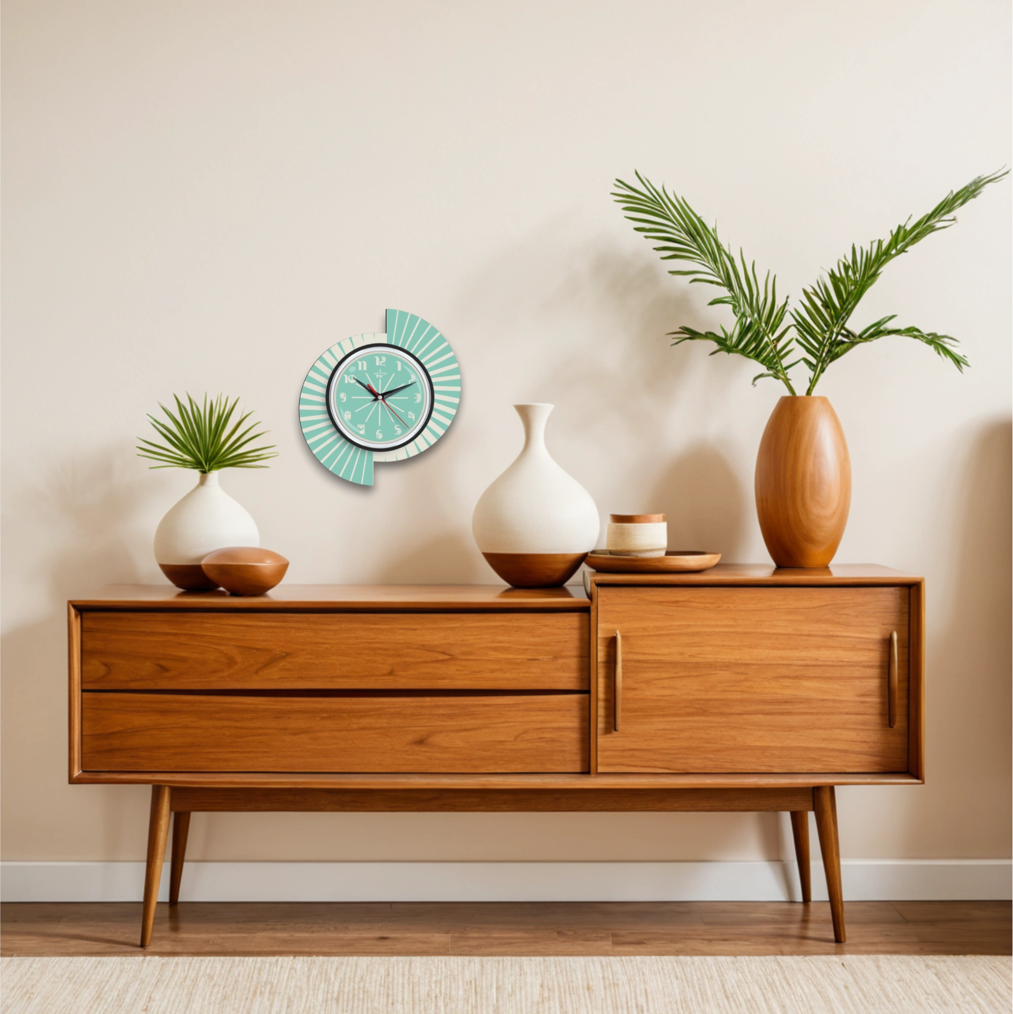 Mid Century Modern Royalexe Laminate Clock By Royale - Split Atom in Aquastone - By Royale